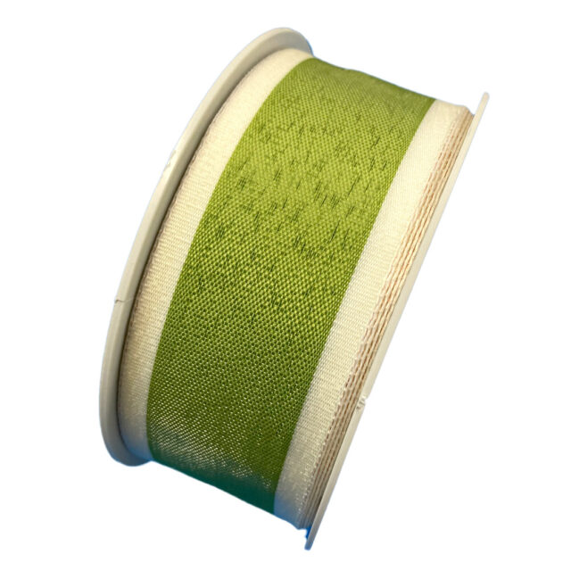 Cream ribbon with green koto band (1.6in) | Chocolat-Chocolat Inc.