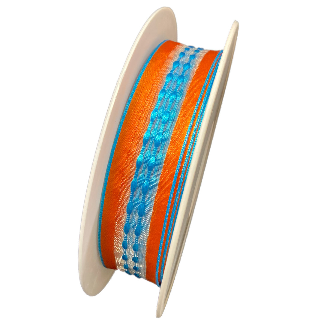 Orange and blue openwork satin ribbon (1in) | Chocolat-Chocolat Inc.