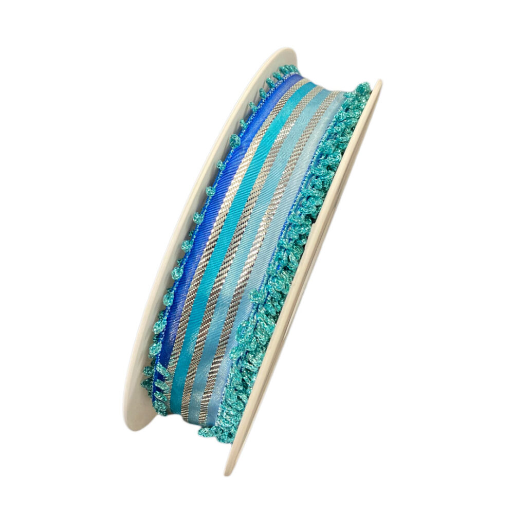 Blue stripe ribbon with silver accent (1in) | Chocolat-Chocolat Inc.