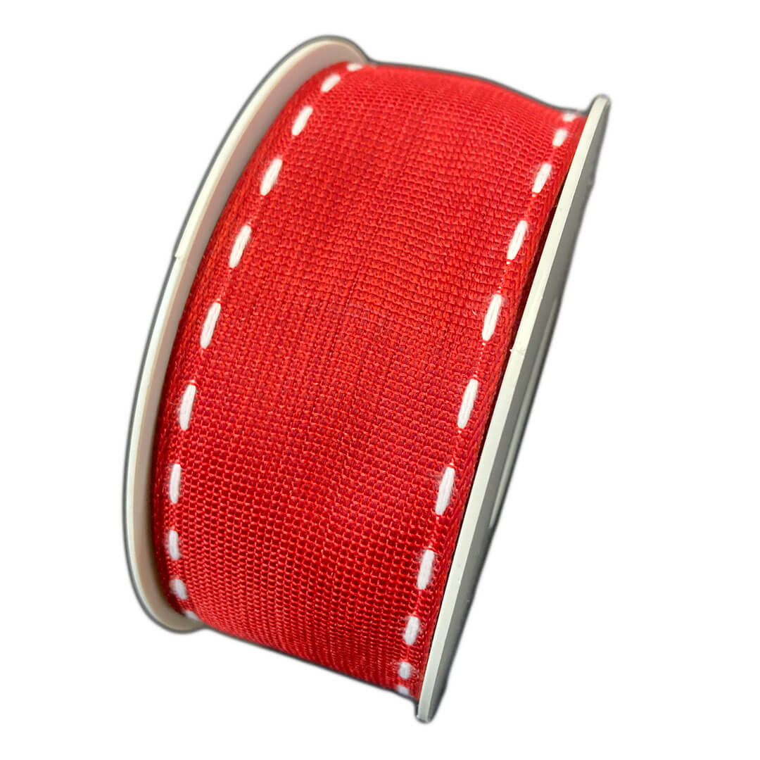 Ribbon, red mesh with white dash border (1.6in) | Chocolat-Chocolat Inc.