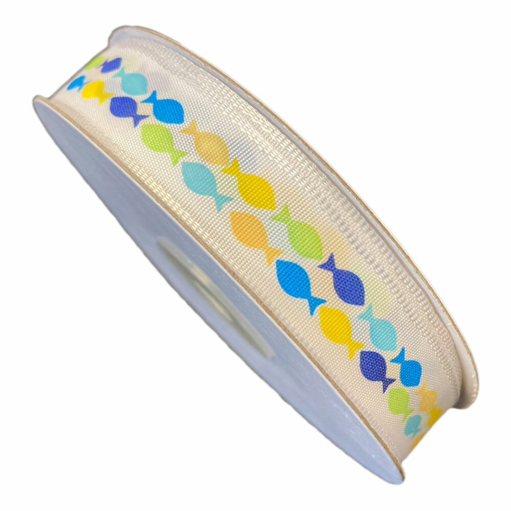 Ruban Blanc, Poissons multicouleur (15mm) | Chocolat-Chocolat Inc.