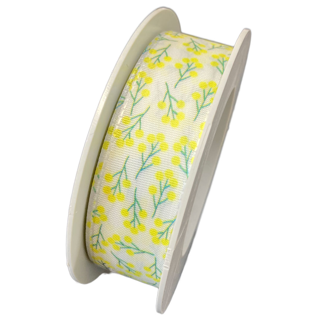 WHITE RIBBON WITH FLOWER PATTERN, SANTOLINE (1in) | Chocolat-Chocolat Inc.