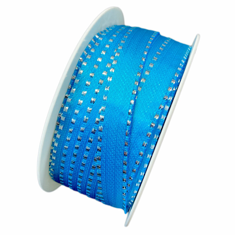 Ruban Bleu Avec Bordure Pointillé Argenté (12mm) | Chocolat-Chocolat Inc.